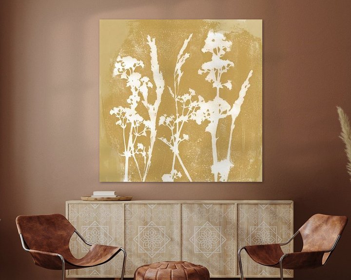 Natuur dromen. Botanische illustratie in retrostijl in okergeel (gezien bij vtwonen) van Dina ...